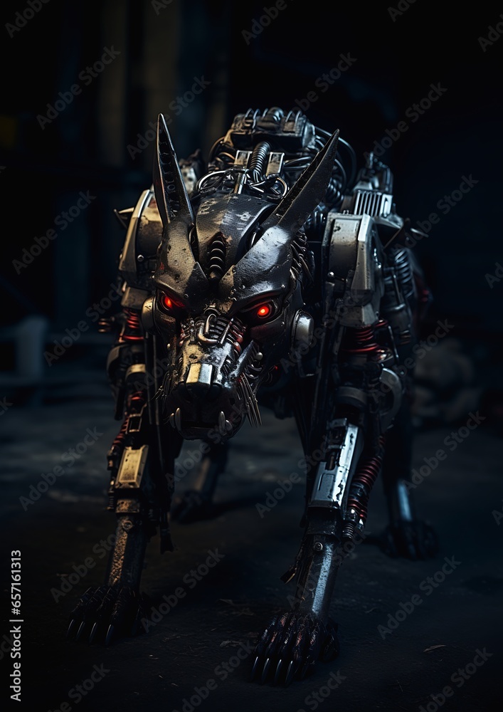 closeup robot dog red eyes conceptual metal tail shockwave fenrir ...