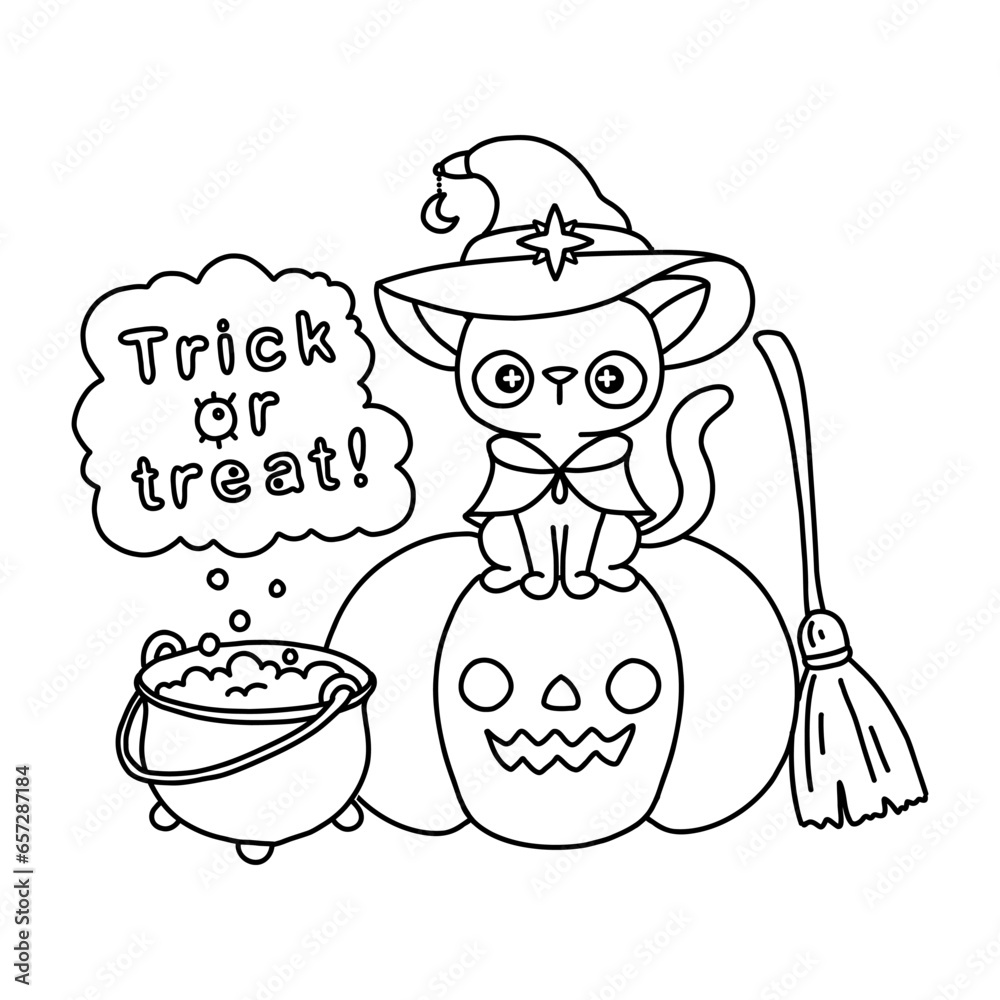 Cute cat in witch hat is sitting on pumpkin. Halloween themed coloring ...