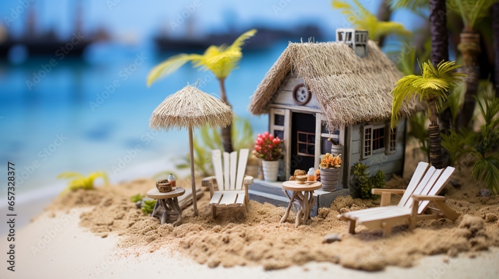 a charming beachfront cottage with a thatched roof, miniature beach ...