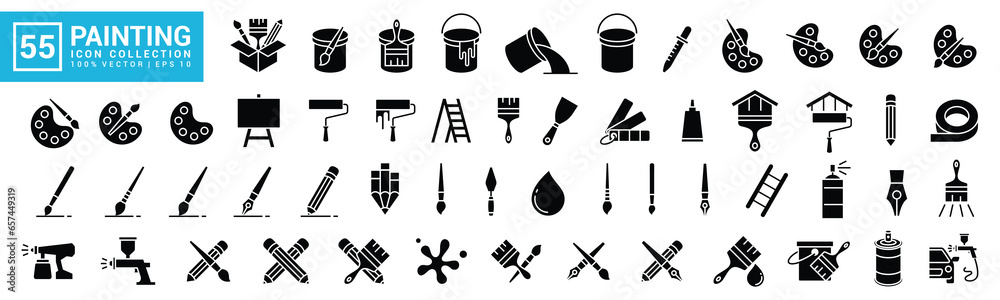 Collection of painting related icons, various painting tools, paint ...