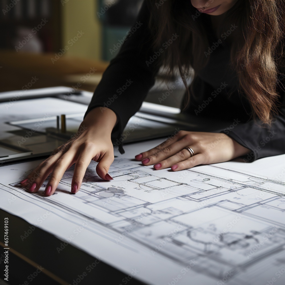 Woman working on archicad autocad drawings, she sit at the desk in ...