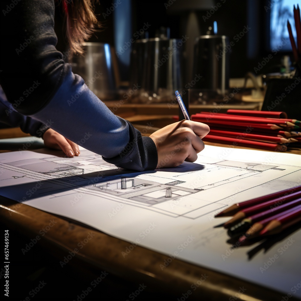 Woman working on archicad autocad drawings, she sit at the desk in ...