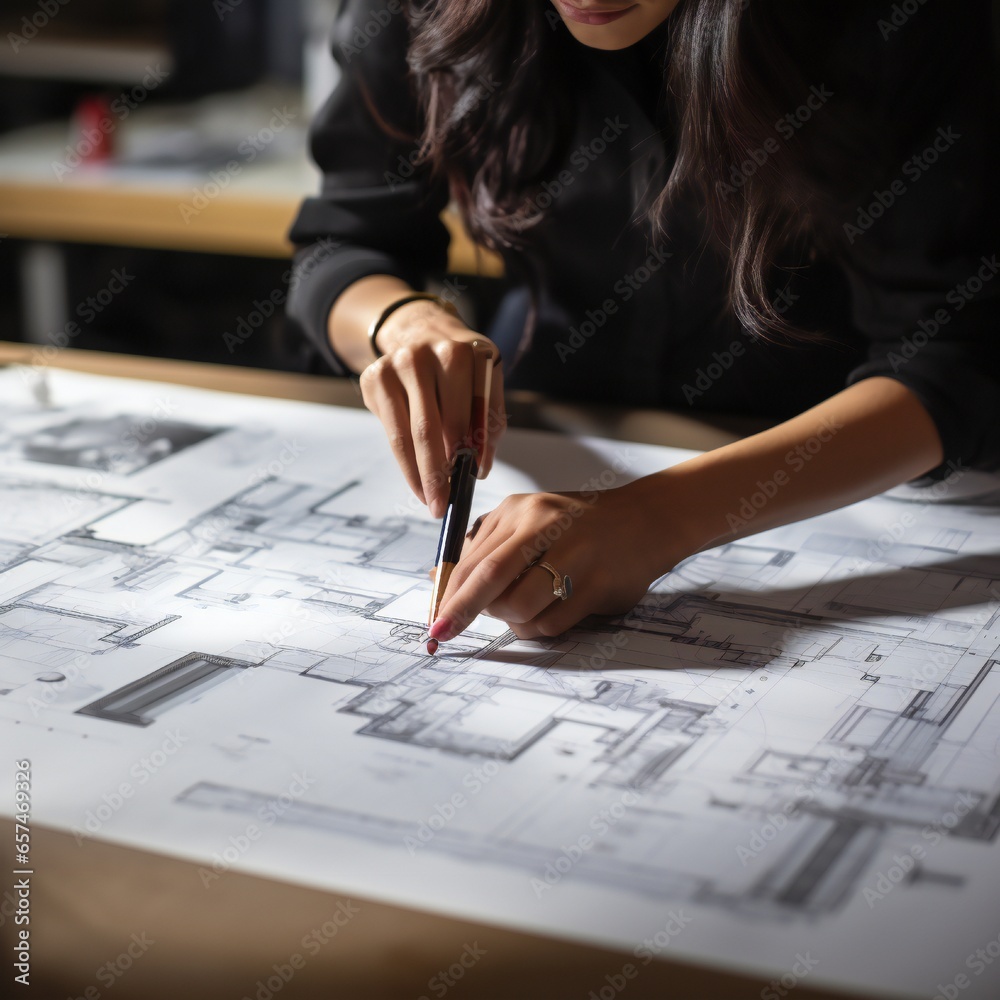 Woman working on archicad autocad drawings, she sit at the desk in ...