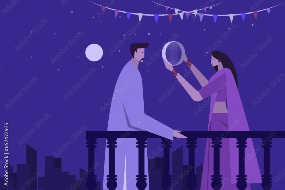 Illustration of an Indian woman performing religious ritual 'Karwa ...