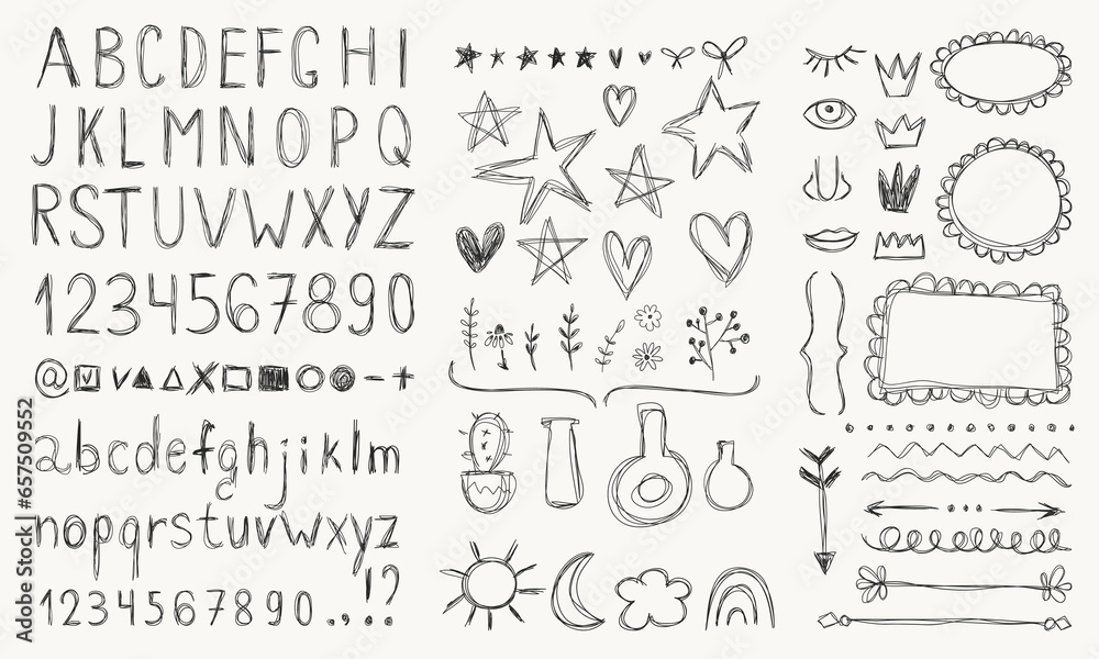 Hand drawn font, alphabet letters uppercase and lowercase, numbers ...
