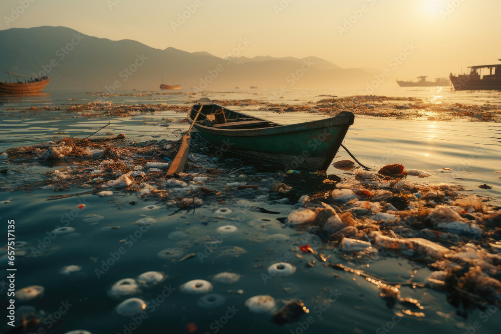 plastic and glass garbage on the seashore, ocean, concept of water ...