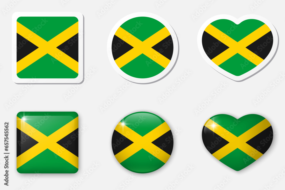 Flag of Jamaica icons collection. Flat stickers and 3d realistic glass ...