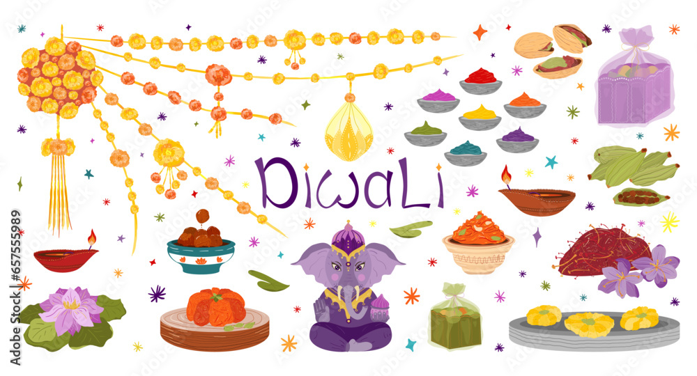 Diwali clipart Set. Flat illustration of doodle Diwali symbols and ...