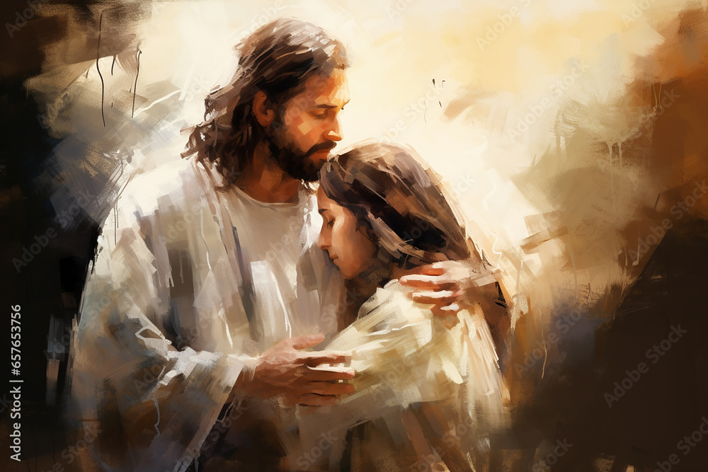 Religious Christian art depicting Jesus Christ hugging a girl ...