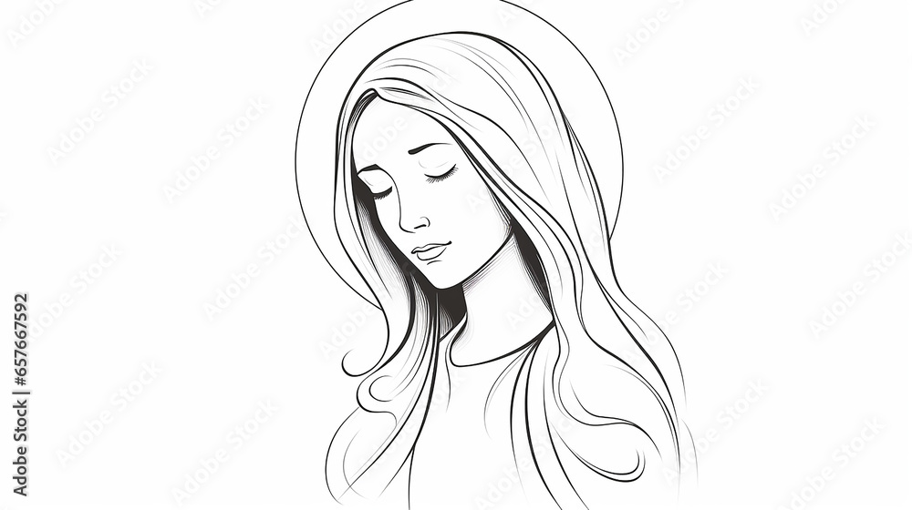 virgem maria Desenho de uma linha isolado em fundo branco, simbolo ...
