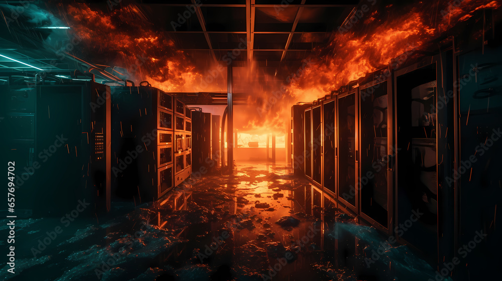 Server room Burning. Data center and supercomputer technology in fire ...