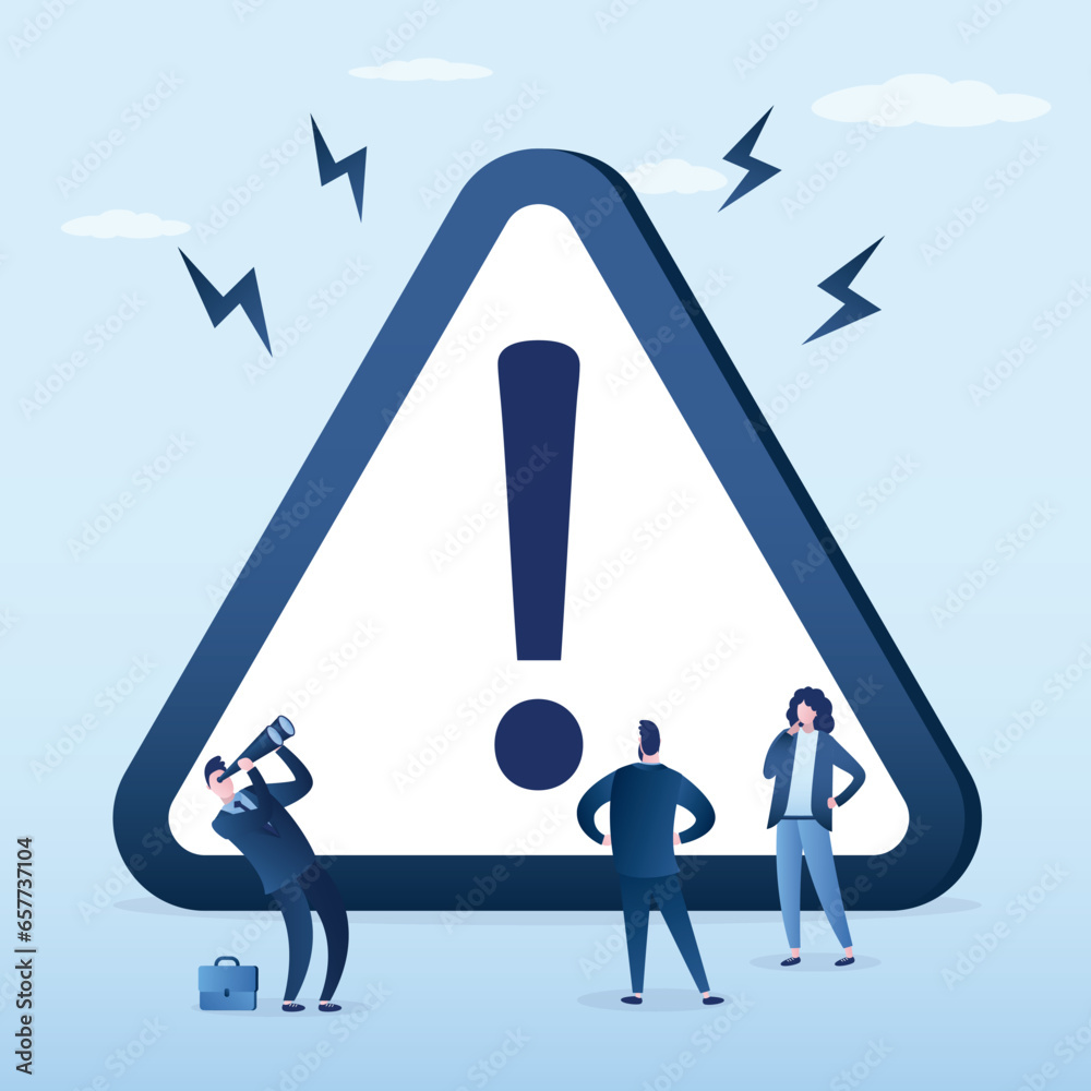 Business people looking at big incident with exclamation attention sign ...
