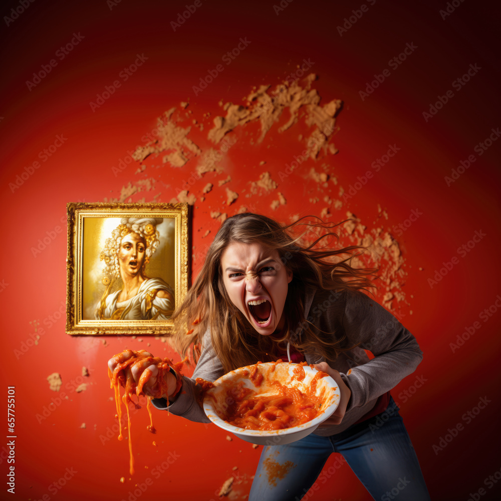 Angry young teenage climate activist girl throwing a plate full of red ...
