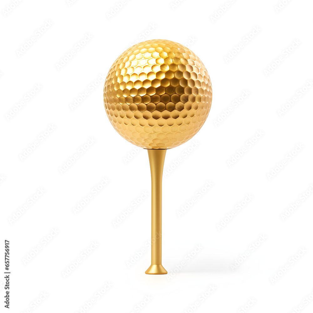 A gold golf ball on a gold tee isolated on a white background ...