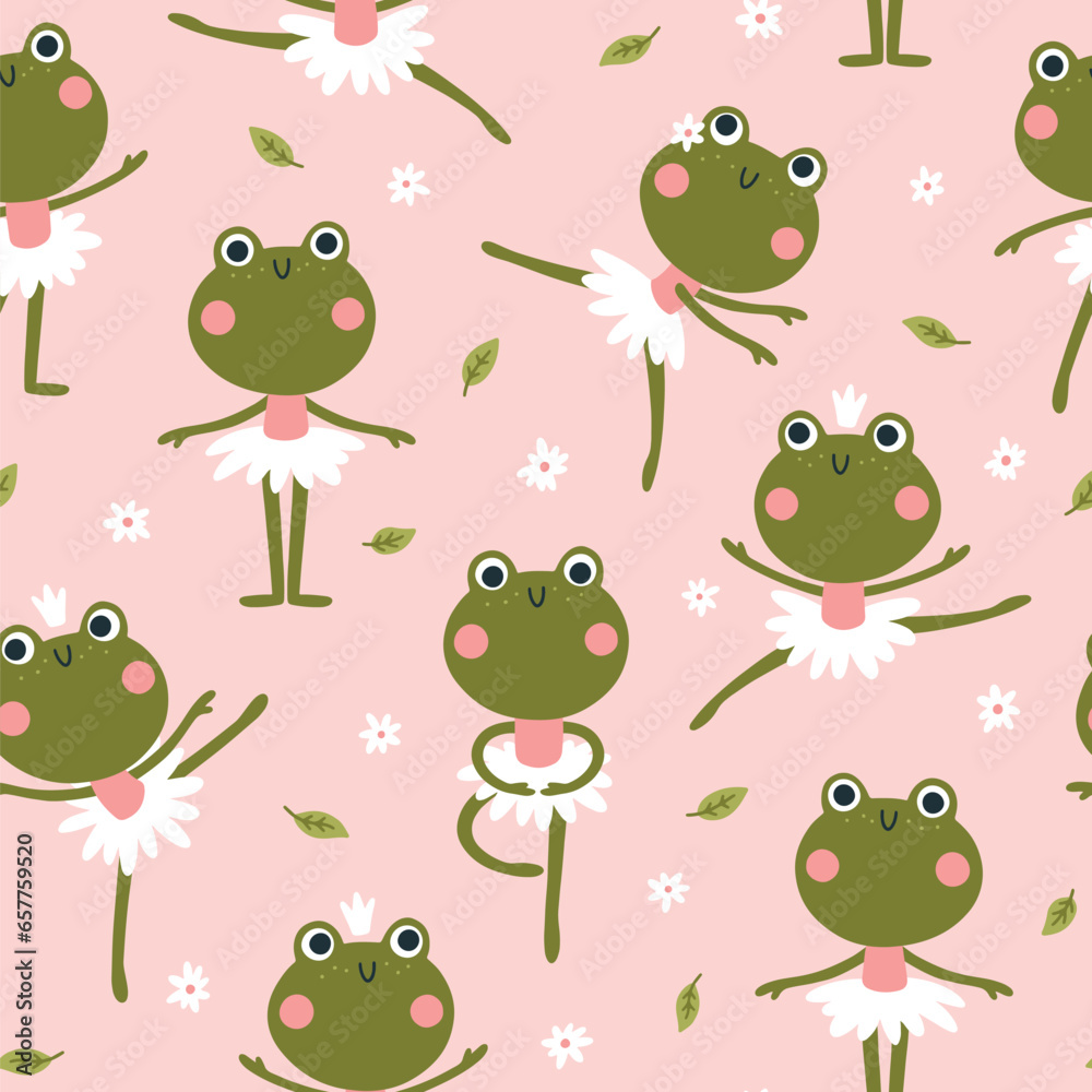 Ballerina frogs seamless pattern. Vector illustration of cute ...