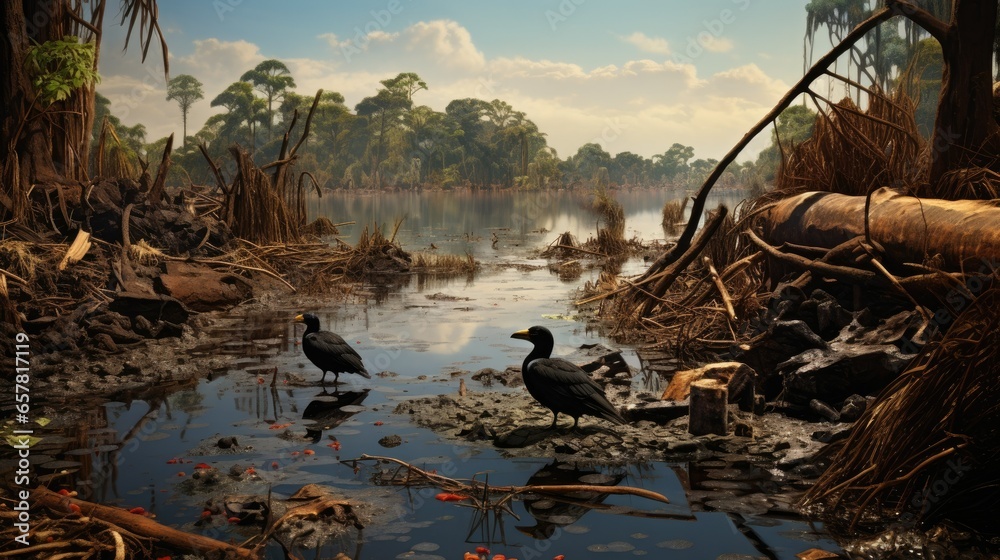 Devastating oil spill in the Amazon river causing water pollution ...