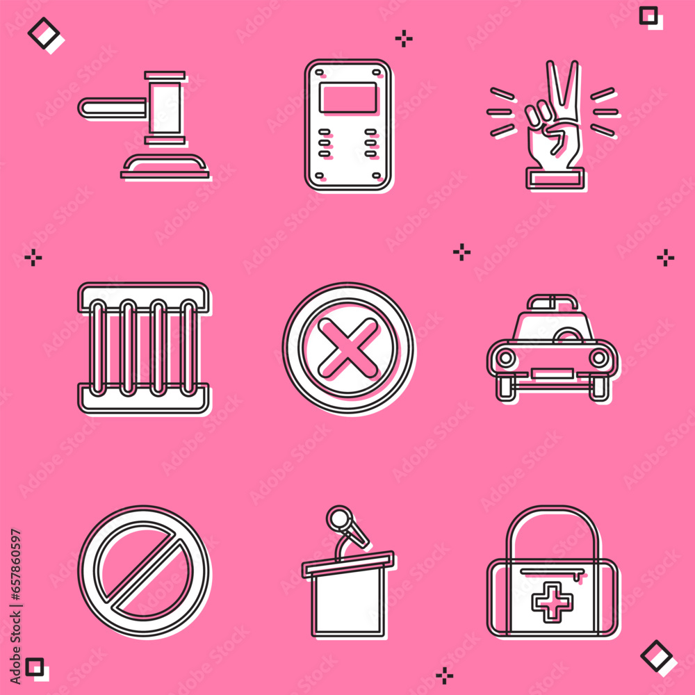 Set Judge gavel, Police assault shield, Hand showing two finger, Prison ...