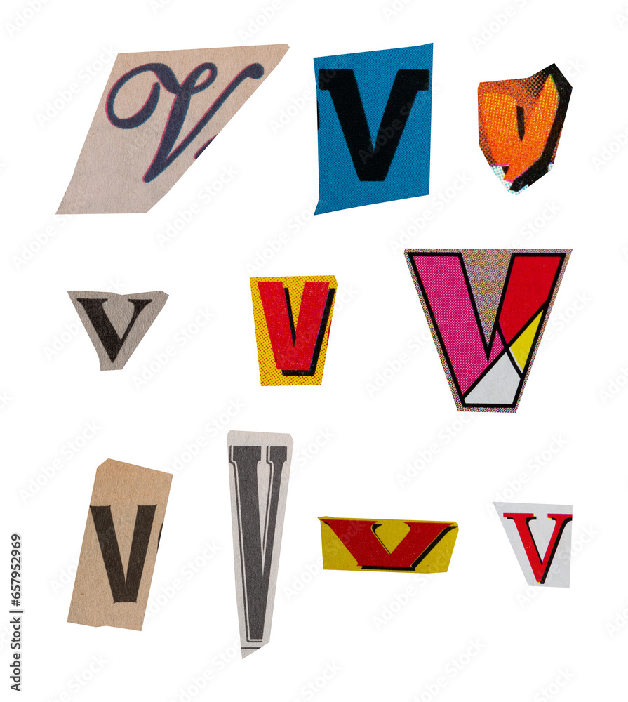 Ransom letter font V from printout magazine cutout, collage element for ... Ransom letter font V from printout magazine cutout, collage element for ...