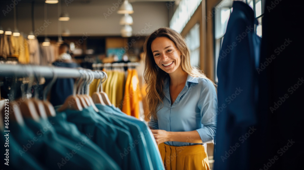 Woman shopping for clothes, trying on clothes, looking around a ...
