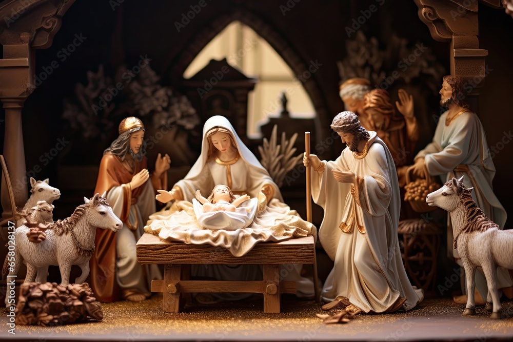 Nativity Scenes: The birth of Jesus, with figurines of Mary, Joseph and ...