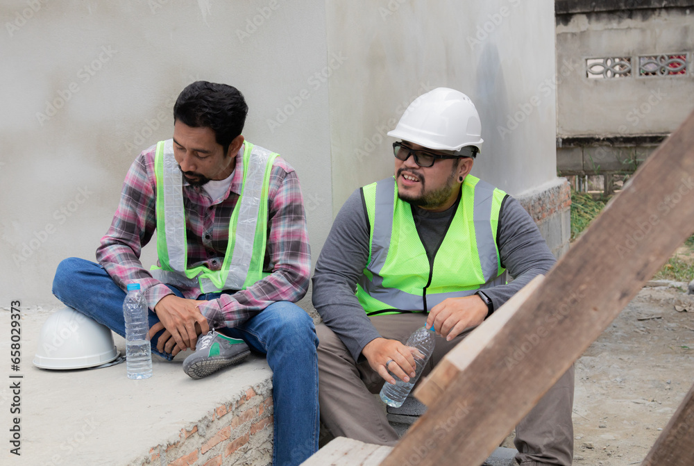 Two Asian or Indian builder workers wearing safety reflected vests and ...