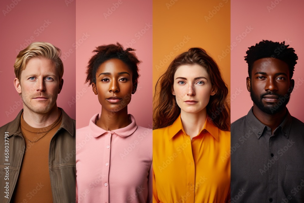 In the concept of diversity, different portraits of people in front of ...