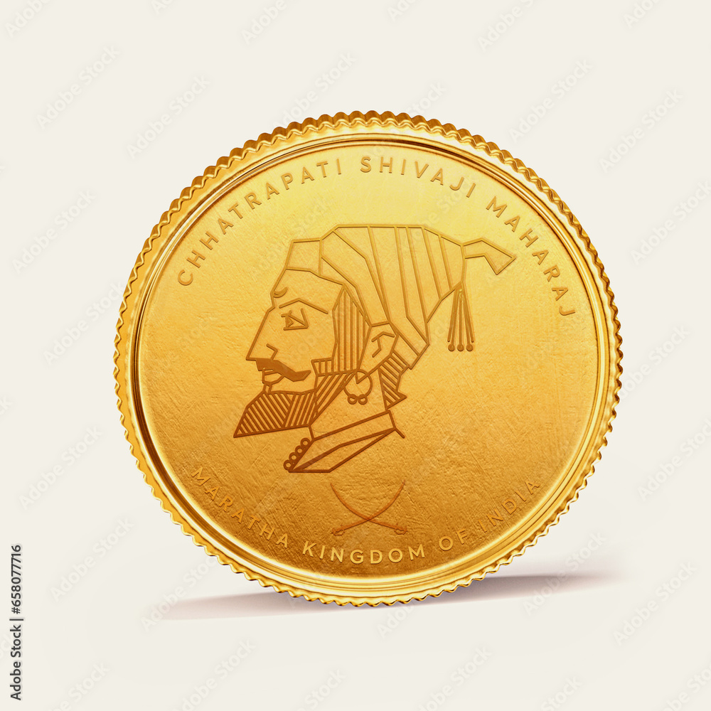 Golden coin isolated on a white. 3d illustration. Chhatrapati Shivaji ...