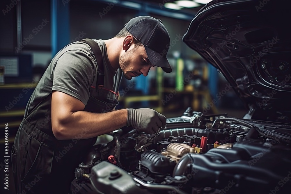 Car mechanic working in auto repair shop. Handsome young man in uniform ...