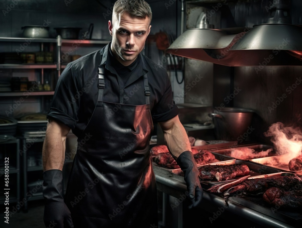 Black cooking uniform, showing face, , 38 years old, 90kg, black latex ...