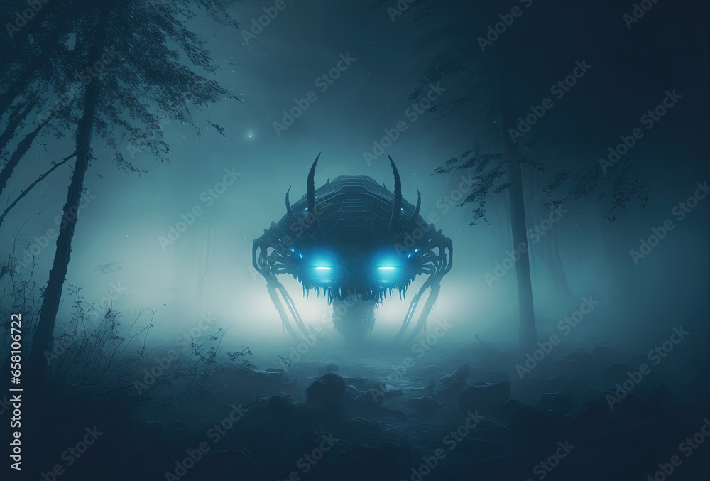 Scary alien monster in the misty night forest. The creepy silhouette of ...