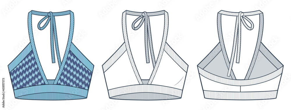 V-neck Bra technical fashion illustration, blue design. Tie Top fashion ...