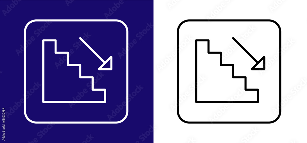 Stairs icon to the left with down arrow. Available in two colors blue ...