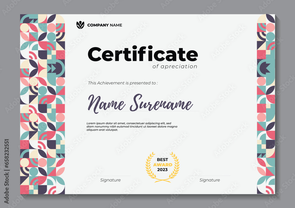 Certificate template with geometric pastel colours. the theme is so ...