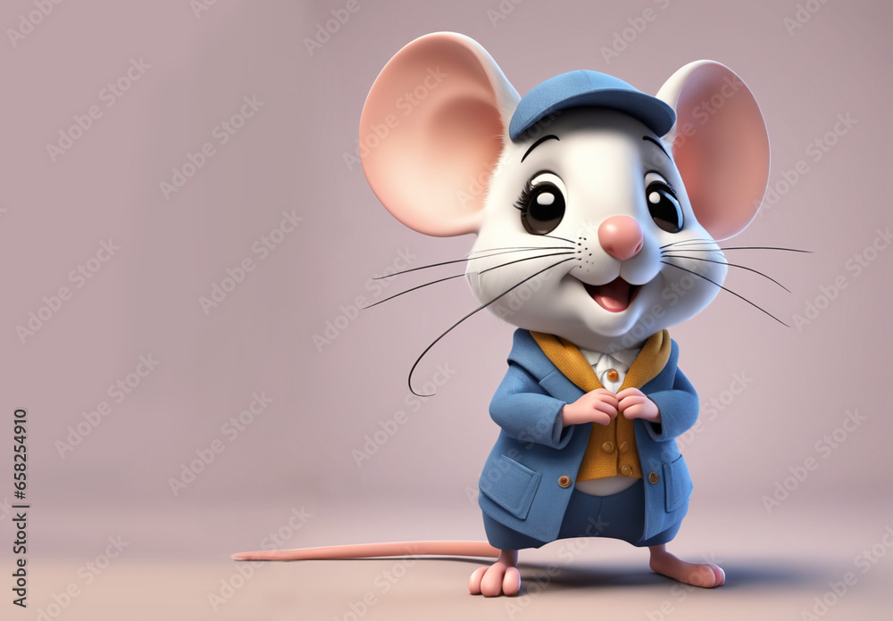 cartoon mouse in a cute blue suit with a beret on a solid background ...