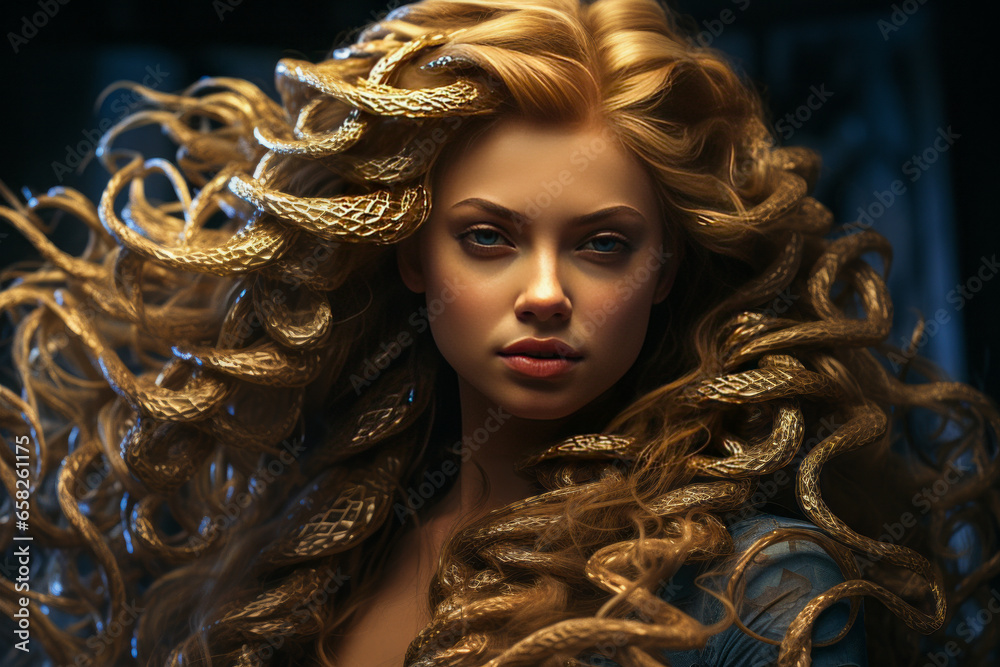Spellbinding image of a blonde woman transformed into Medusa, snakes in ...