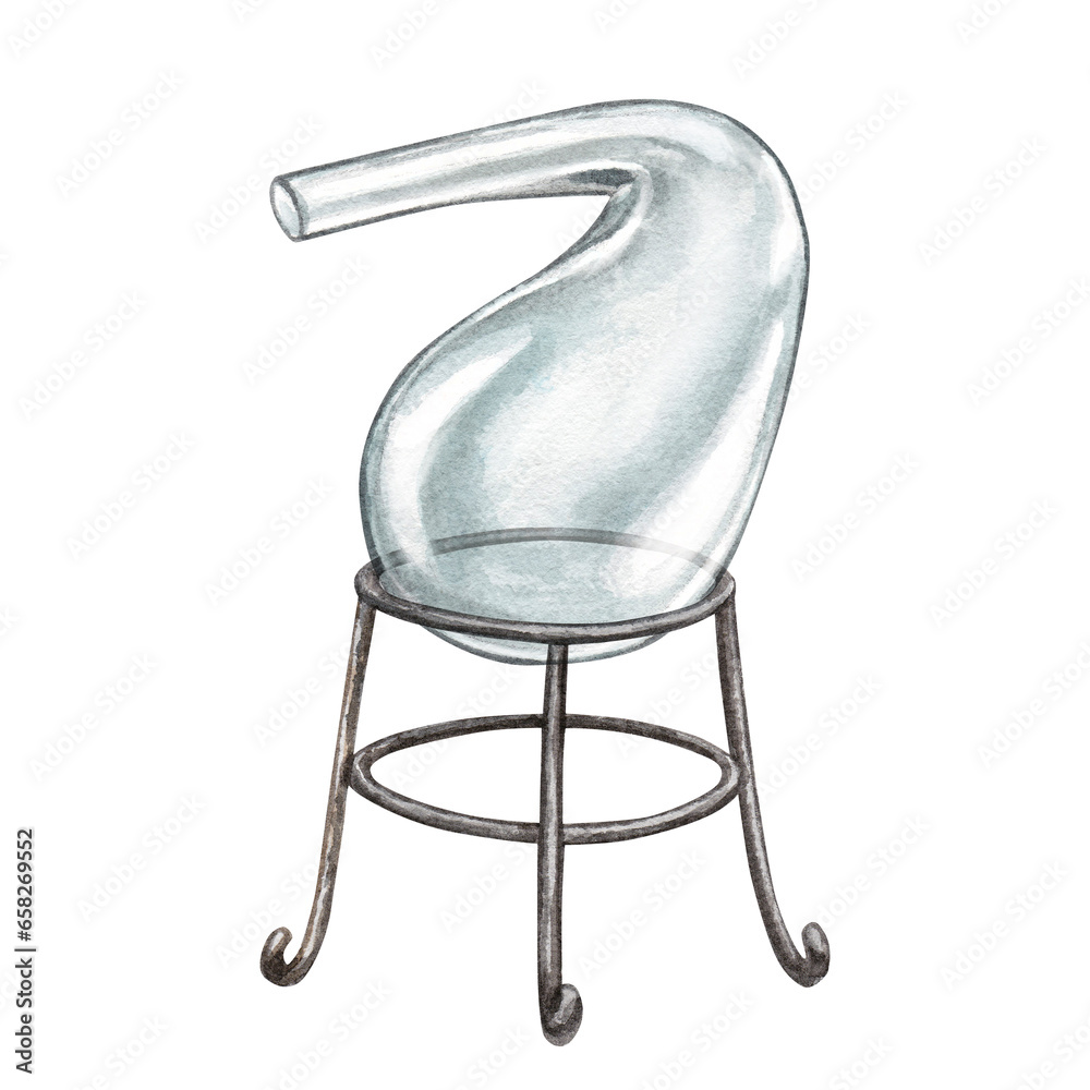 Glass retort on a stand. Watercolor hand drawn illustration of old ...