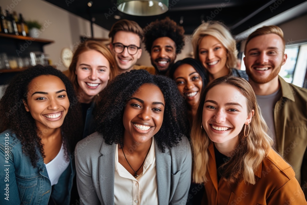 Multicultural happy people taking group selfie portrait in the office ...