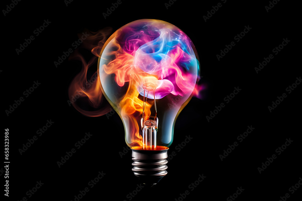 shot of a light bulb with multicolor smoke coming out of it, black ...