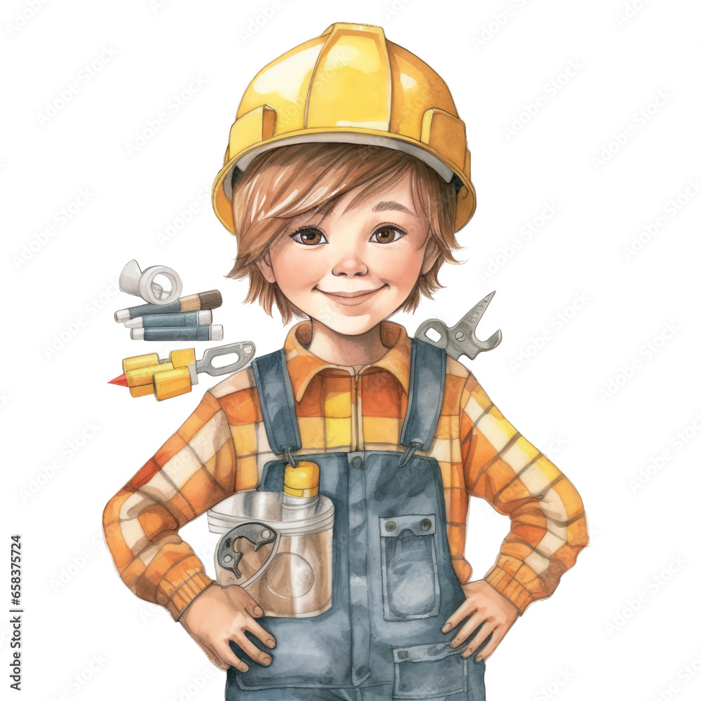 Draw a little boy smiling wearing constructor clothes on transparent ...