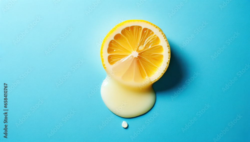melting lemon slice set against a clear blue background. The lemon's ...