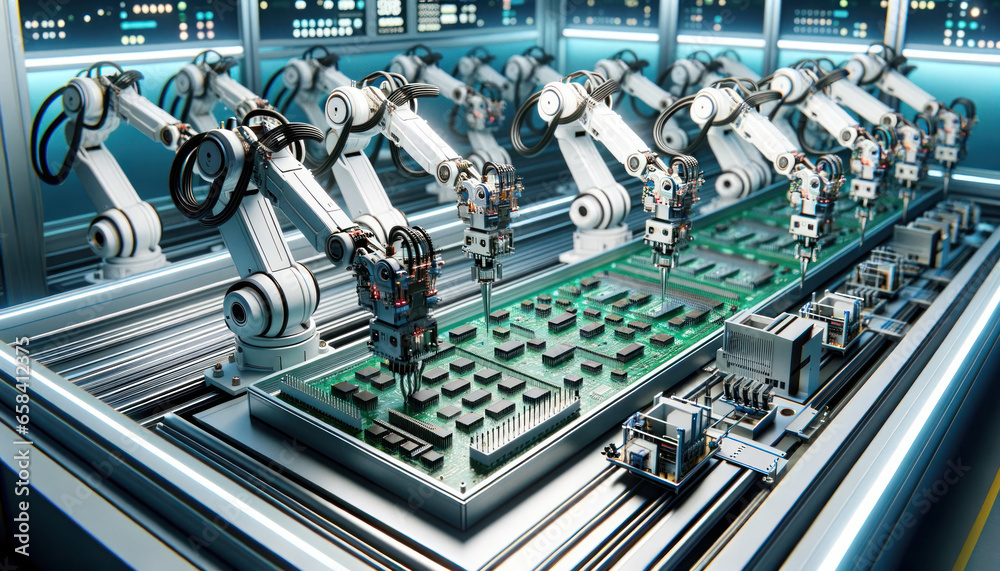 intricate process of component installation on a circuit board. At a ...