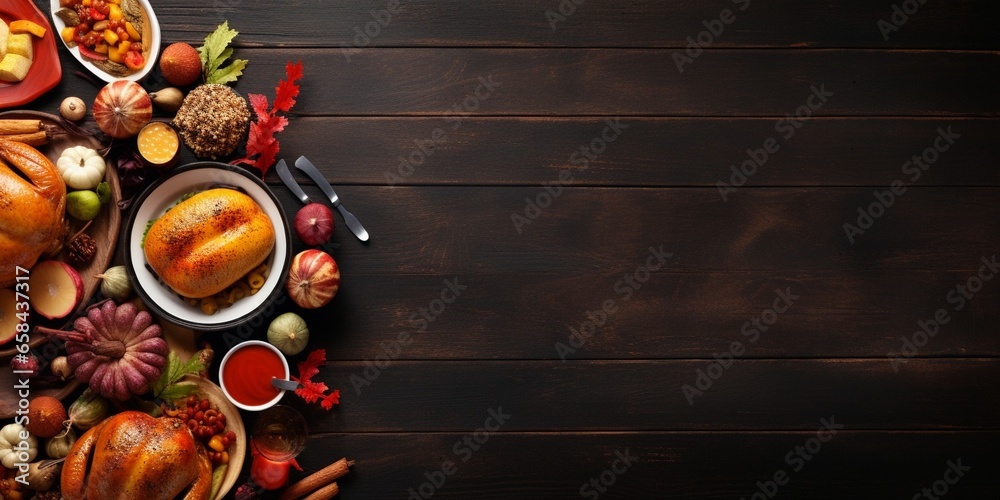 Classic Thanksgiving turkey dinner. Top down view side border on a dark ...