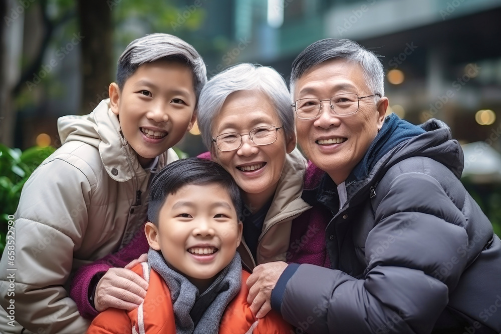 Big Asian family together. Family photo of joyful children and old ...