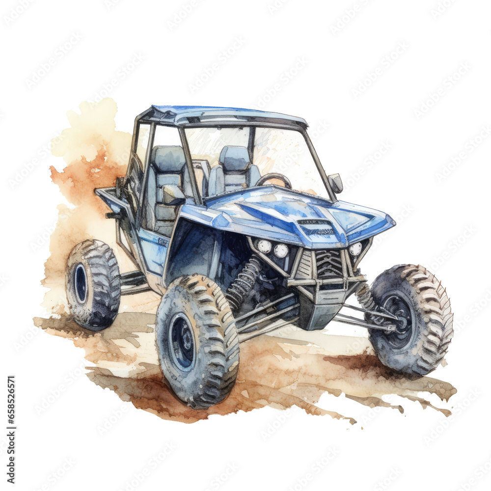 A watercolor painting of an utv, offroad blue car with mud adventure ...