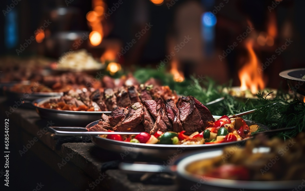 Catering buffet food indoor in restaurant or hotel with grilled meat ...