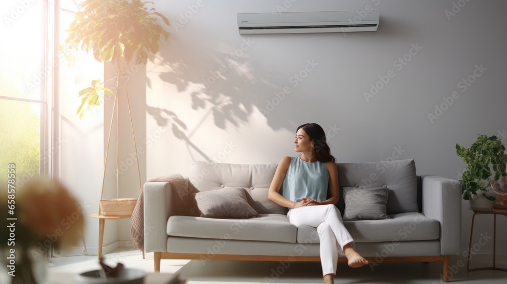 Relaxed young female sitting on huge comfortable couch, enjoying modern ...