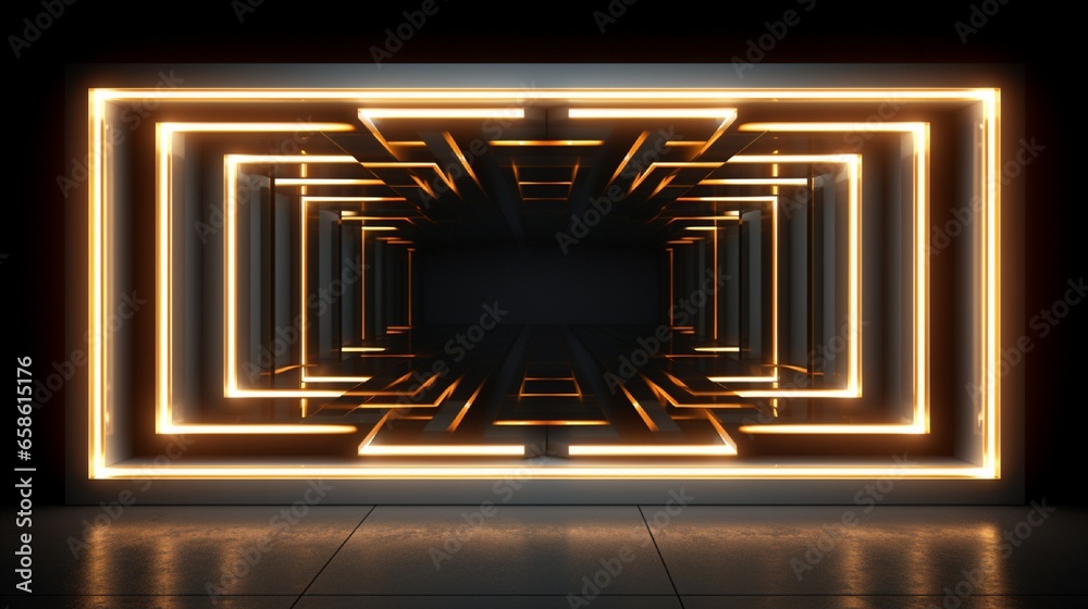 A futuristic frame made of illuminated LED strips, adorning a dark wall ...