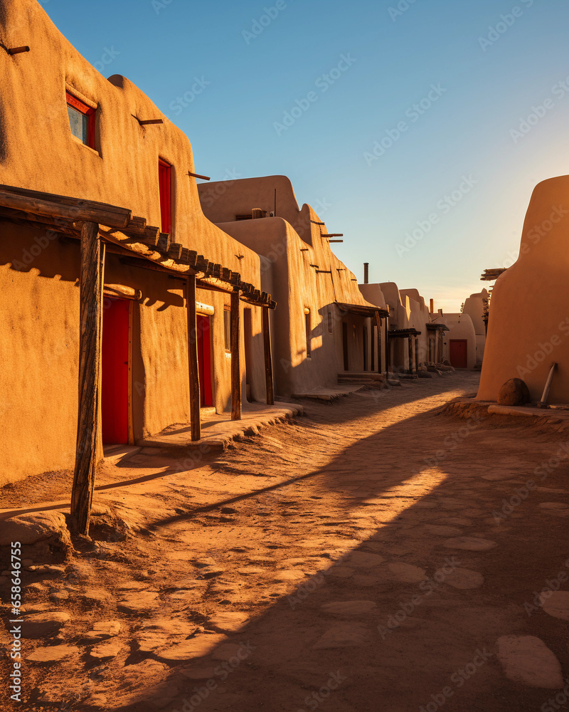 Adobe Pueblo houses, Native American village, New Mexico, golden hour ...