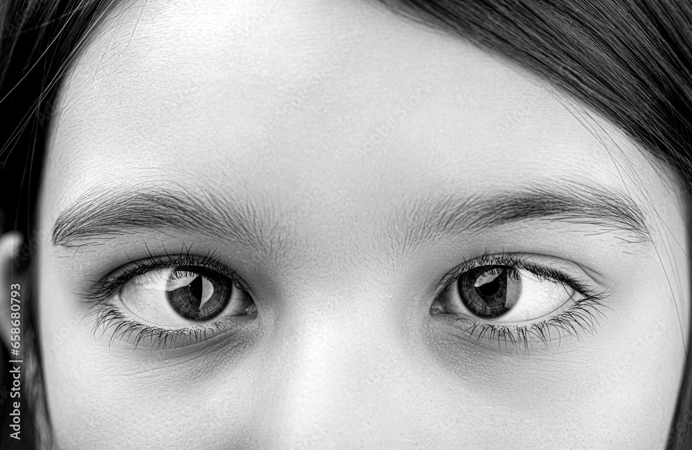 Strabismus in children causes, treatment concept. Female eyes with ...