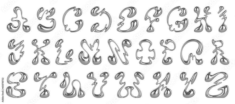 Chrome Y2K font. Liquid metal alphabet, melted steel letters and funky ...
